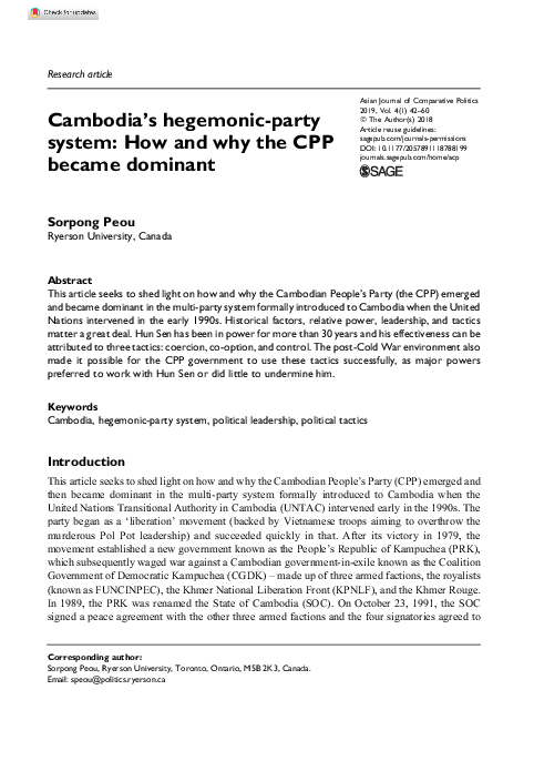 (PDF) Cambodia’s hegemonic-party system: How and why the CPP became dominant