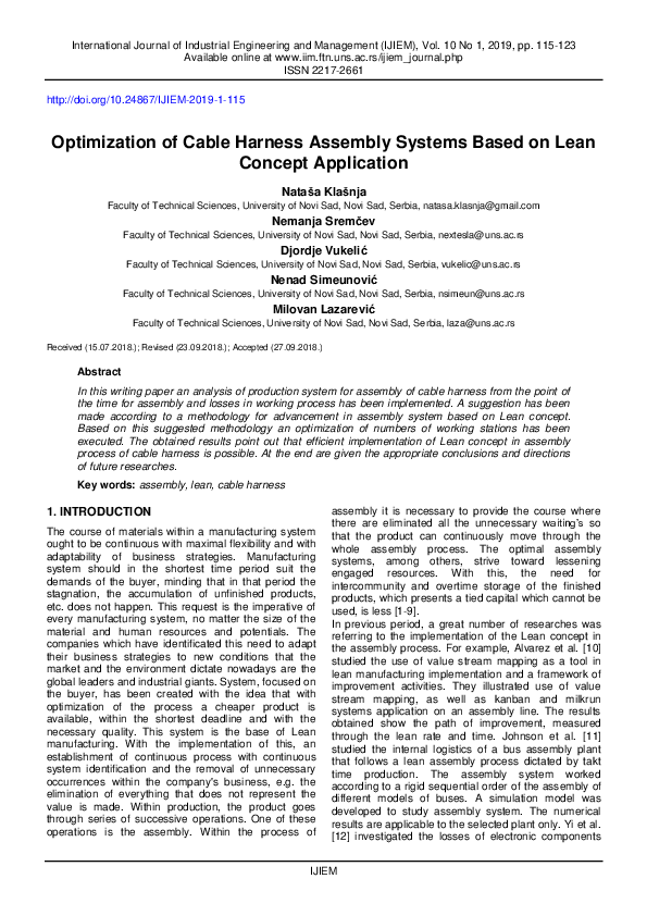 (PDF) Optimization of Cable Harness Assembly Systems Based on Lean ...