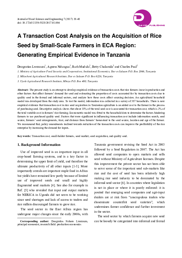 (PDF) A Transaction Cost Analysis on the Acquisition of Rice Seed by ...