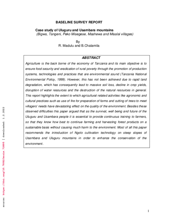 (PDF) Baseline Survey Report: Case study of Uluguru and Usambara ...
