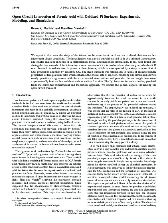 Pdf Open Circuit Interaction Of Formic Acid With Oxidized Pt Surfaces Experiments Modeling