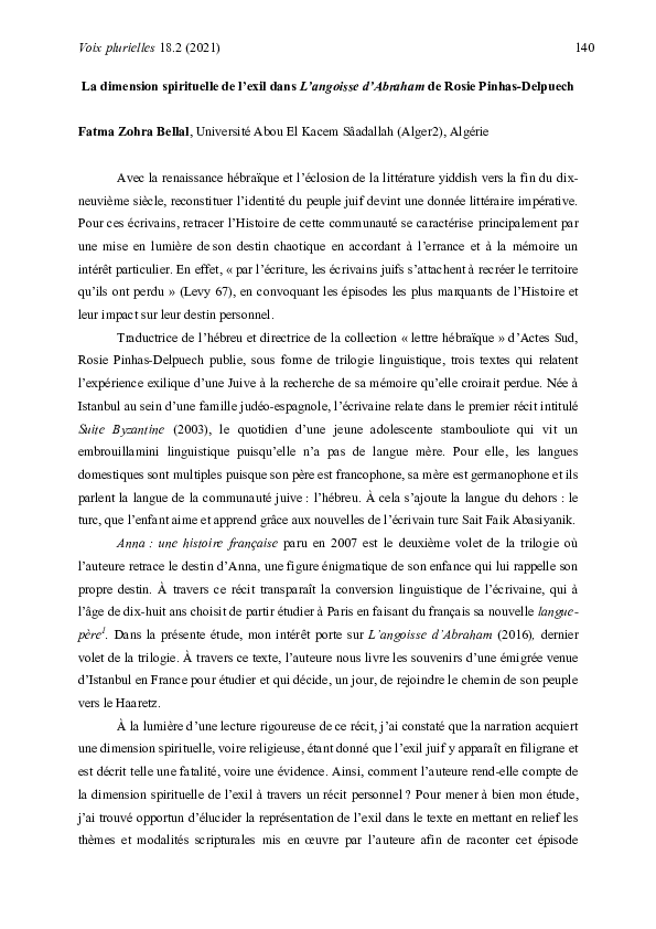 (PDF) dimension spirituelle de l’exil dans L’angoisse d’Abraham de ...