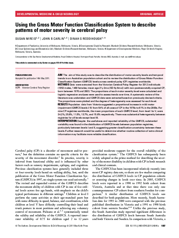 (PDF) Using the Gross Motor Function Classification System to describe patterns of motor ...
