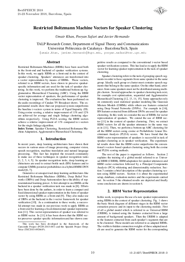 Pdf Restricted Boltzmann Machine Vectors For Speaker Clustering