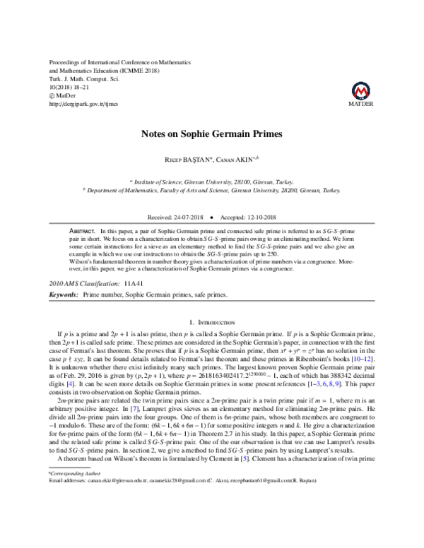 (PDF) Notes on Sophie Germain Primes