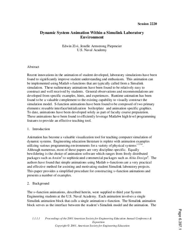 (PDF) Dynamic System Animation Within A Simulink Laboratory Environment