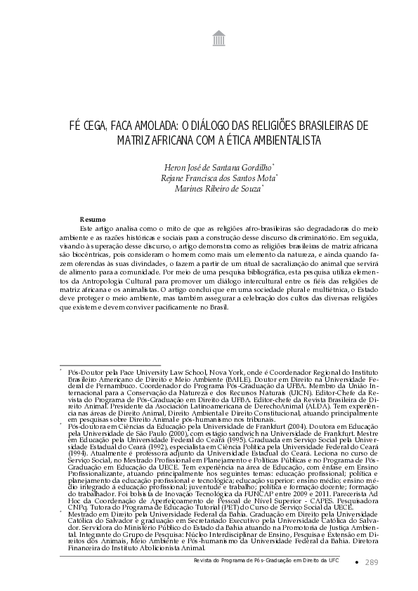 (PDF) FÉ CEGA, FACA AMOLADA: O diálogo das religiões brasileiras de ...