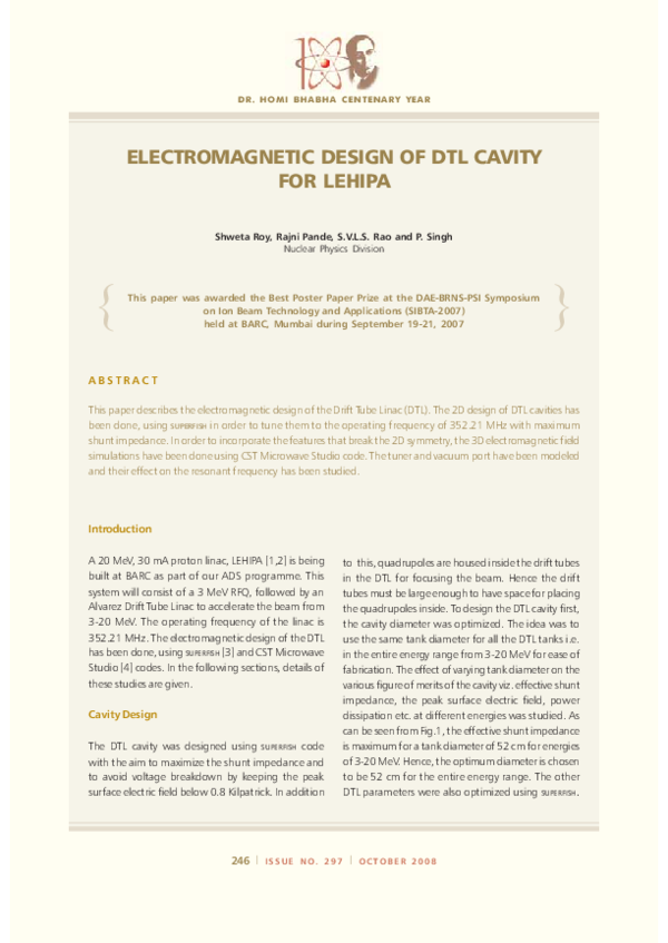 (PDF) Electromagnetic design of DTL cavity for LEHIPA