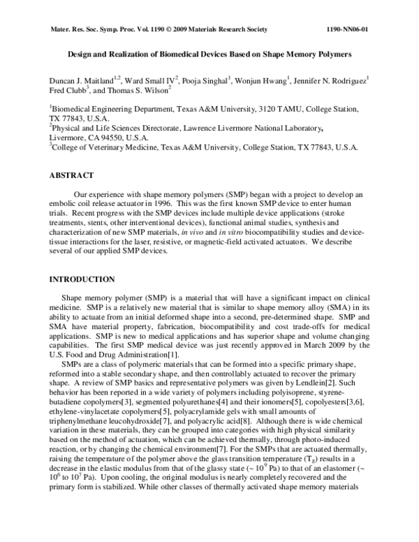 (PDF) Design and Realization of Biomedical Devices Based on Shape Memory Polymers