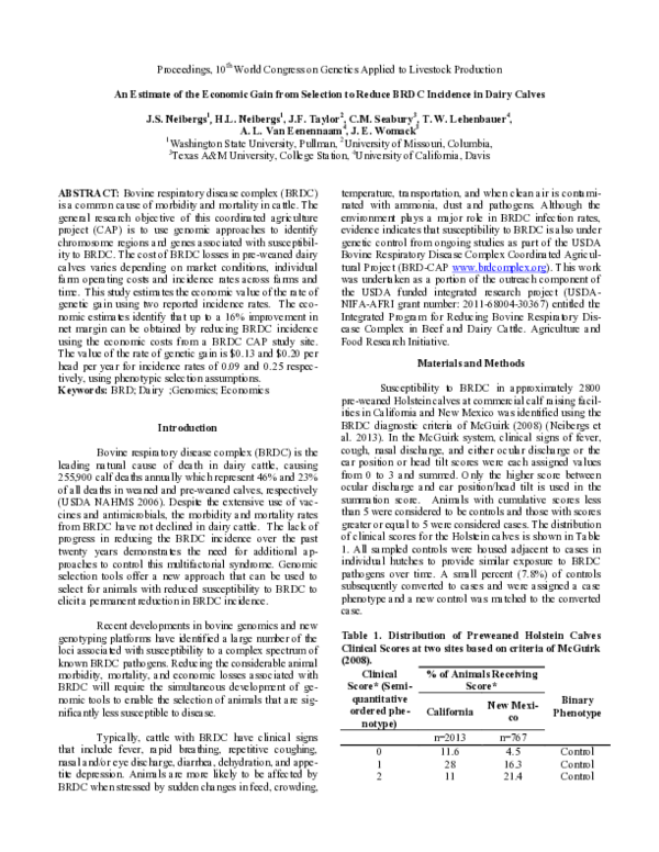 (PDF) An Estimate of the Economic Gain from Selection to Reduce BRDC ...