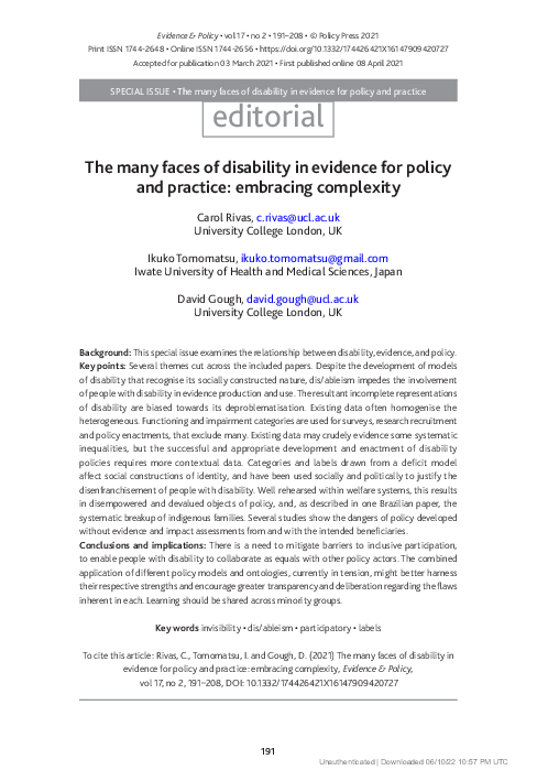 (PDF) The many faces of disability in evidence for policy and practice: embracing complexity