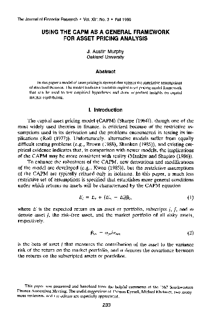 (PDF) Using the Capm as a General Framework for Asset Pricing Analysis