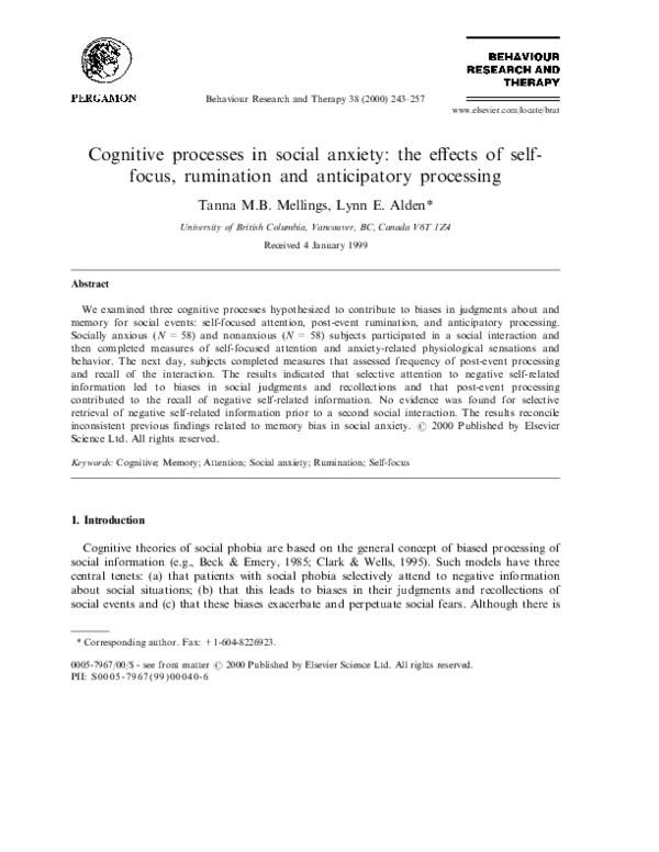 (PDF) Cognitive processes in social anxiety: the effects of self-focus, rumination and ...