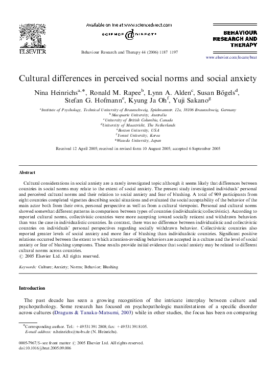 (PDF) Cultural differences in perceived social norms and social anxiety