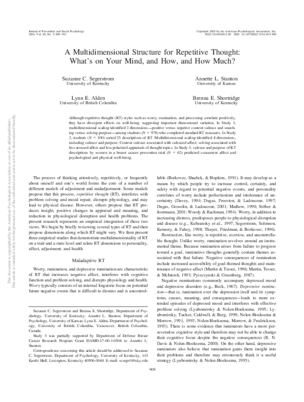 (PDF) A multidimensional structure for repetitive thought: what's on your mind, and how, and how ...