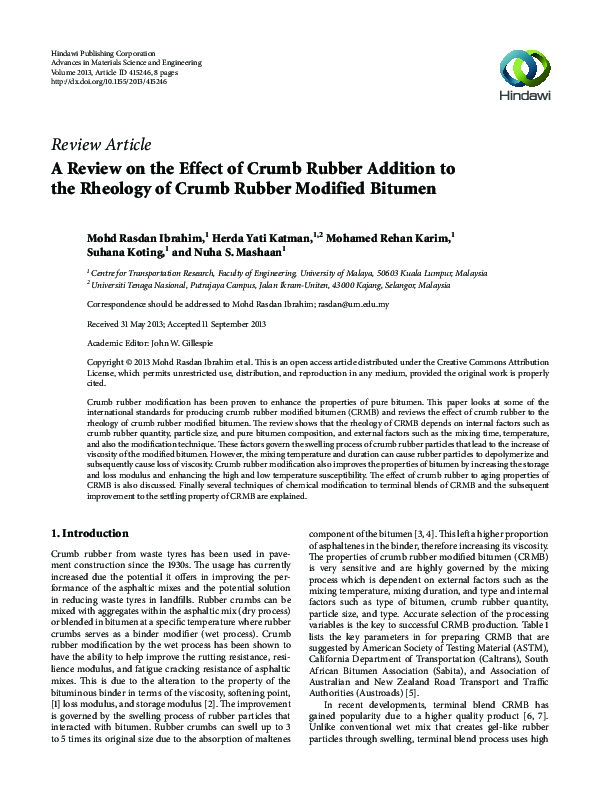 Pdf A Review On The Effect Of Crumb Rubber Addition To The Rheology Of Crumb Rubber Modified