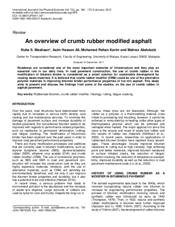 (PDF) An overview of crumb rubber modified asphalt