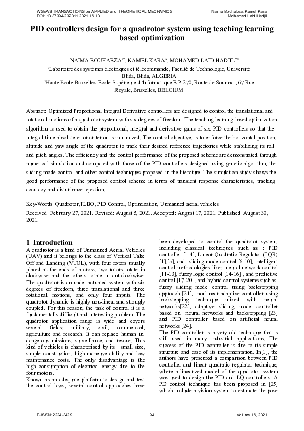 (PDF) PID Controllers Design for a Quadrotor System Using Teaching Learning Based Optimization ...