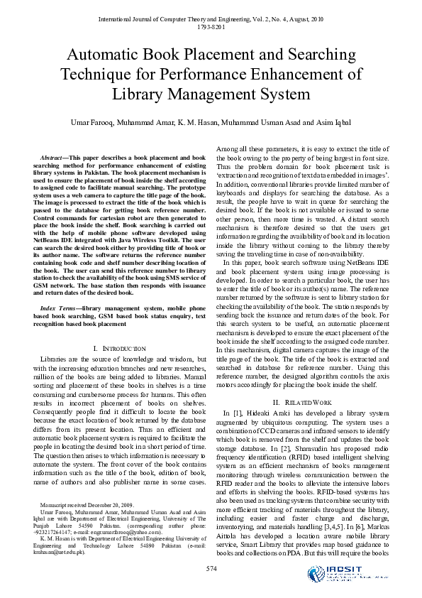 (PDF) Automatic Book Placement and Searching Technique for Performance ...