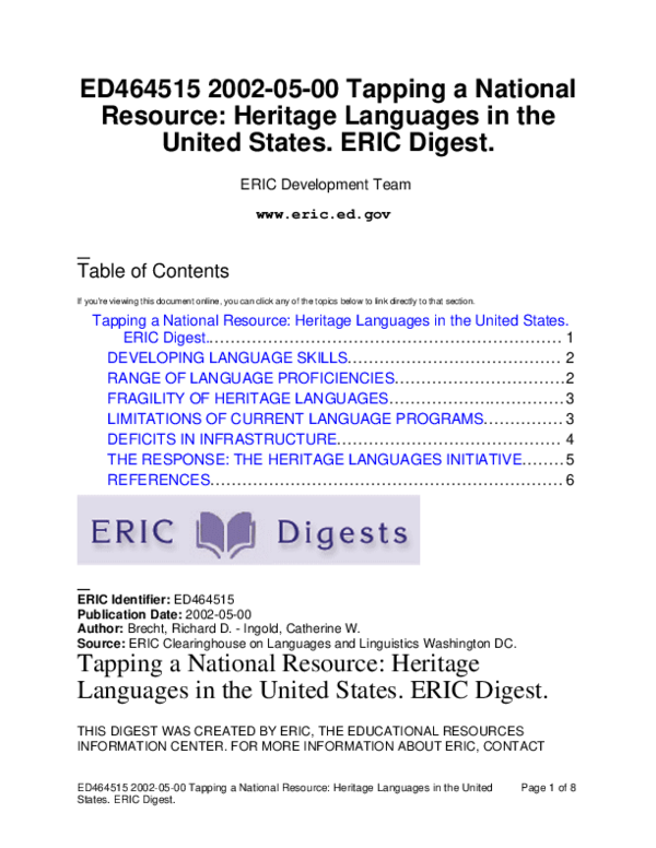 (PDF) Tapping a national resource: Heritage languages in the United ...
