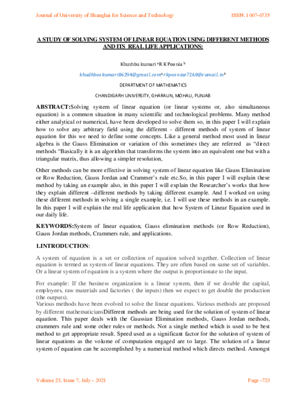 (PDF) A Study of Solving System of Linear Equation Using Different Methods and Its Real Life ...