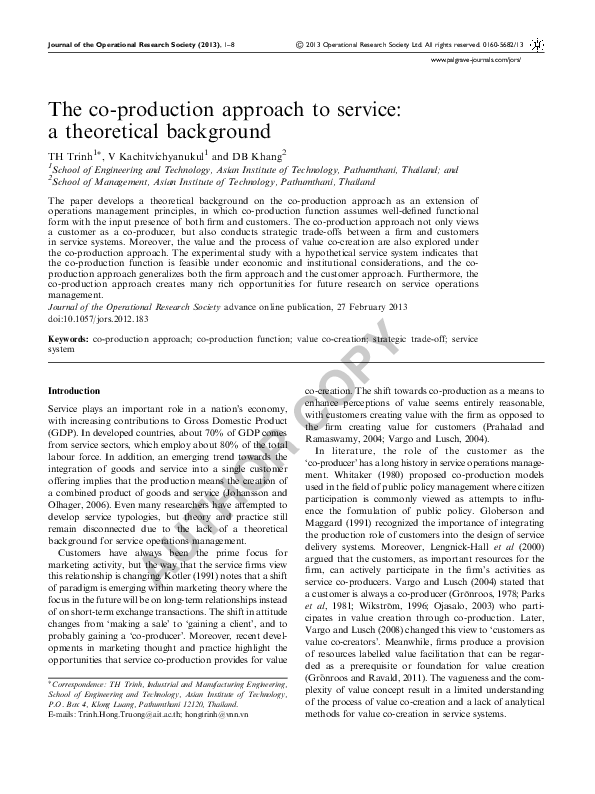 (PDF) The co-production approach to service: a theoretical background