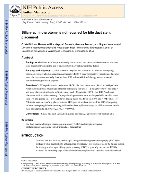 (PDF) Biliary sphincterotomy is not required for bile duct stent placement