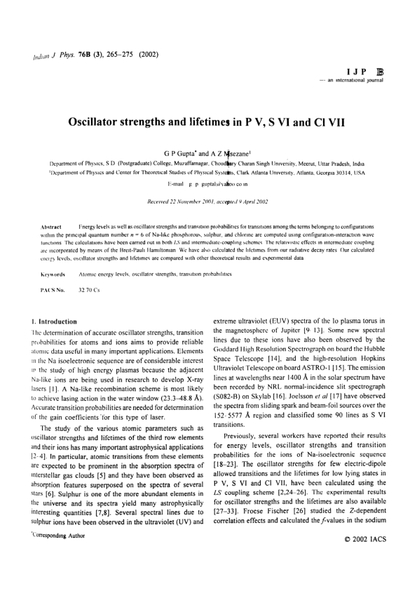 (PDF) Oscillator strengths and lifetimes in P V, S VI and Cl VII