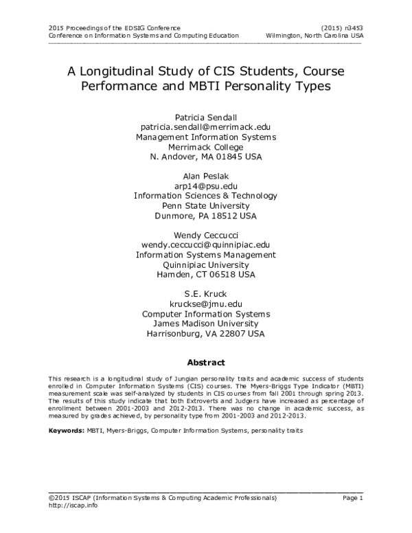 (PDF) A Longitudinal Study of CIS Students, Course Performance and MBTI ...