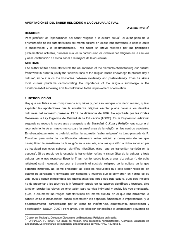 (PDF) Aportaciones del saber religioso a la cultura actual