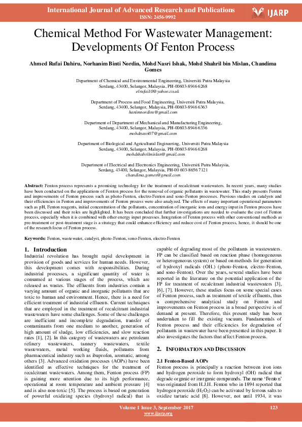 (PDF) Chemical Method For Wastewater Management : Developments Of ...