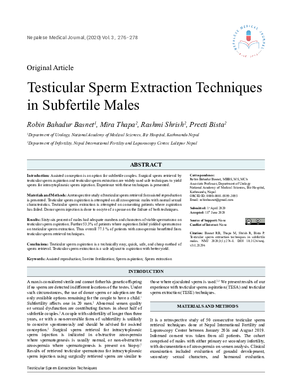 Pdf Testicular Sperm Extraction Techniques In Subfertile Males