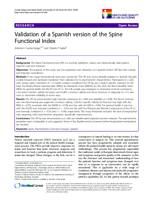 (PDF) Validation of a Spanish version of the Spine Functional Index