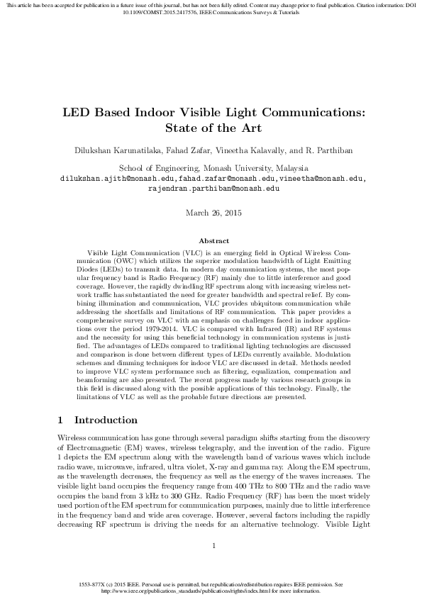 (PDF) LED Based Indoor Visible Light Communications: State of the Art