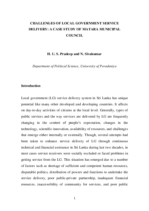 (PDF) Challenges of Local Government Service Delivery: A Case Study of ...