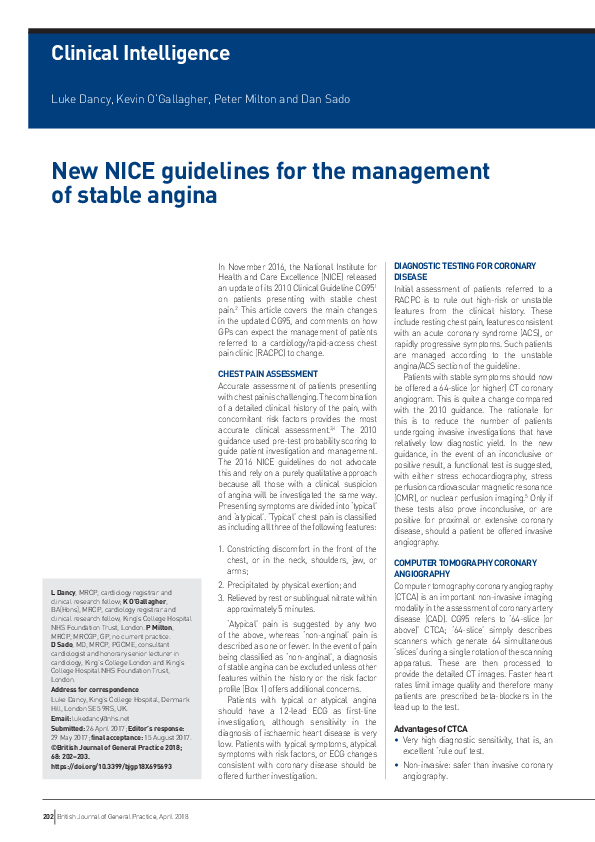 (PDF) New NICE guidelines for the management of stable angina | Peter ...