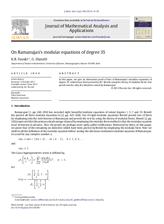 Pdf On Ramanujans Modular Equations Of Degree 35