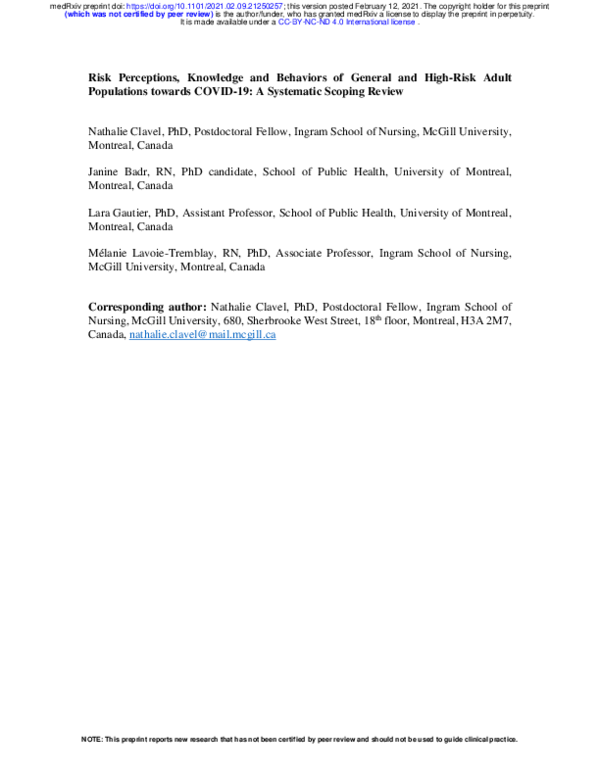 (PDF) Risk Perceptions, Knowledge and Behaviors of General and High ...