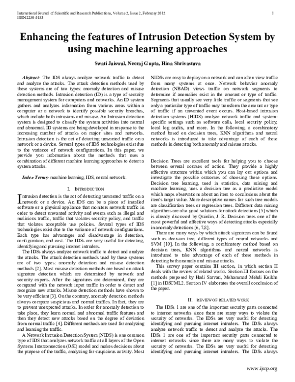 (PDF) Enhancing the features of Intrusion Detection System by using machine learning approaches