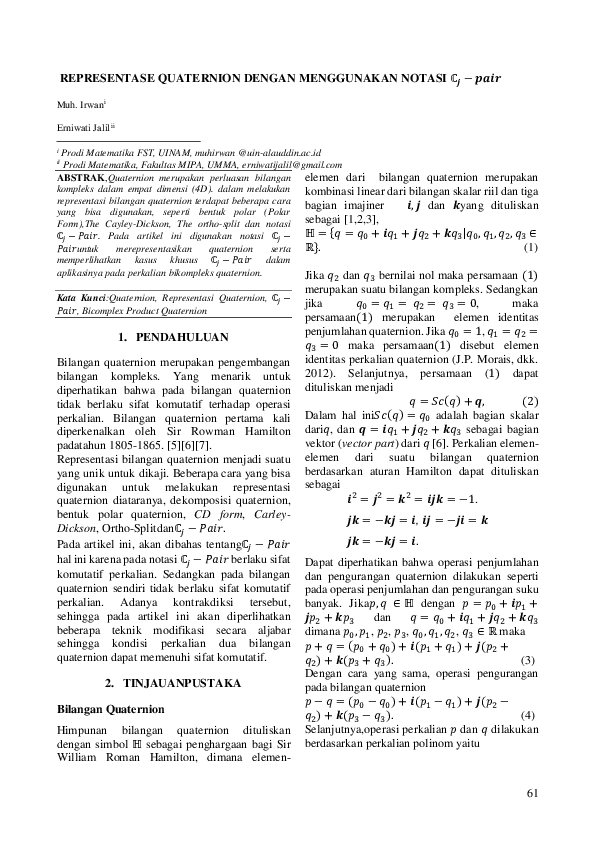 (PDF) REPRESENTASE QUATERNION DENGAN MENGGUNAKAN NOTASI C_j-pair
