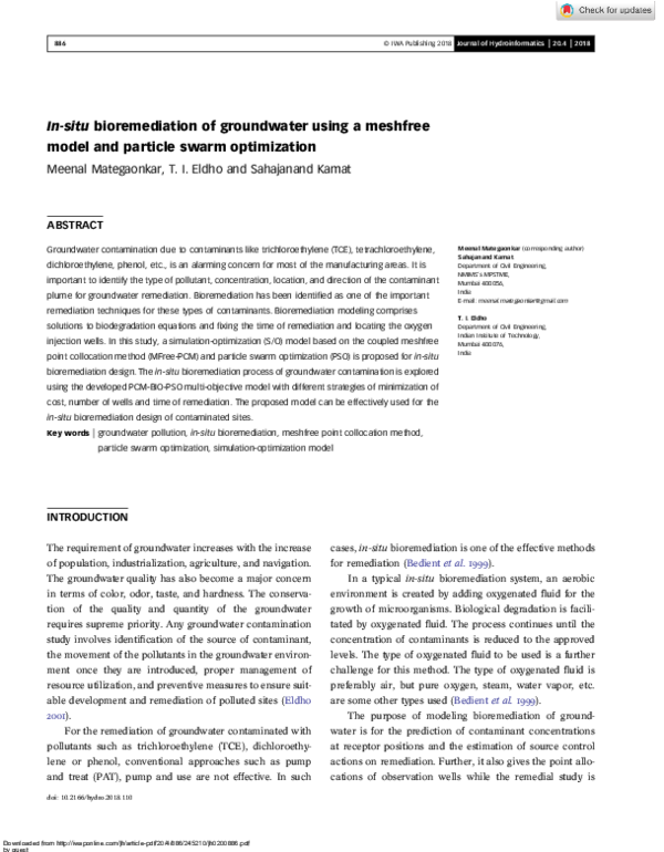 (PDF) In-situ bioremediation of groundwater using a meshfree model and particle swarm optimization