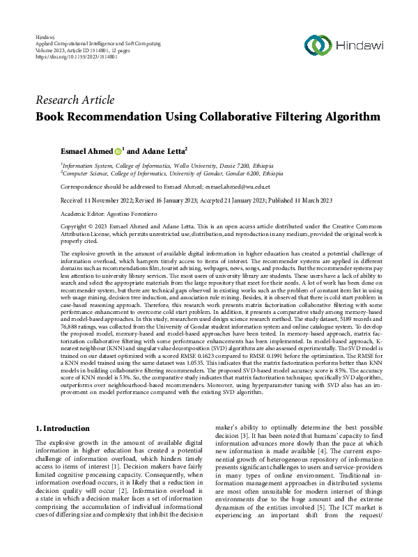 Pdf Book Recommendation Using Collaborative Filtering Algorithm