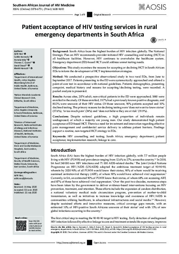 (PDF) Patient acceptance of HIV testing services in rural emergency ...