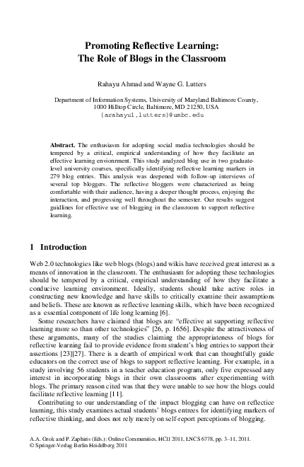 (PDF) Promoting Reflective Learning: The Role of Blogs in the Classroom