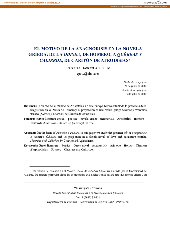 (PDF) El Motivo De La Anagnórisis en La Novela Griega: De La Odisea, De ...