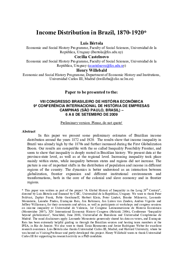(PDF) Income Distribution In Brazil, 1870-1920