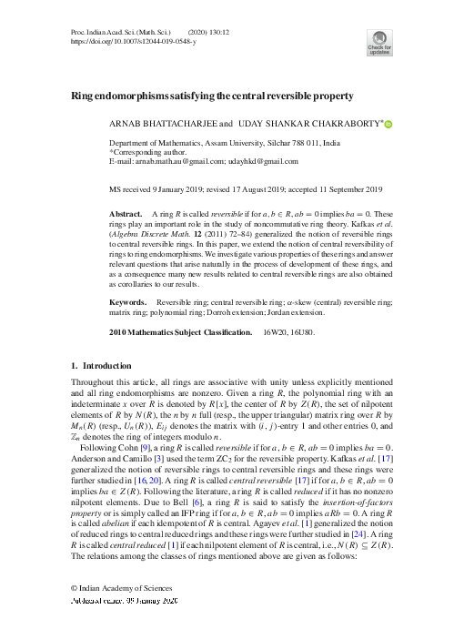 (PDF) Ring endomorphisms satisfying the central reversible property
