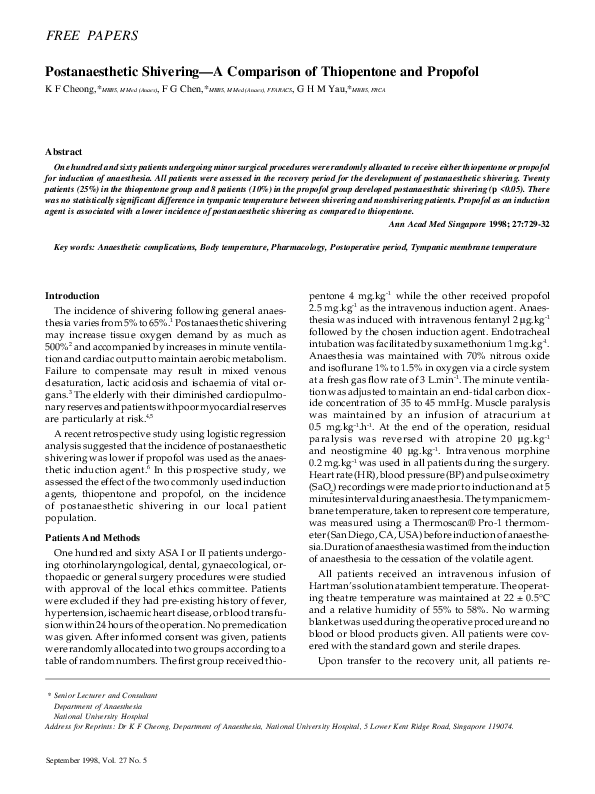 (PDF) Postanaesthetic shivering--a comparison of thiopentone and propofol