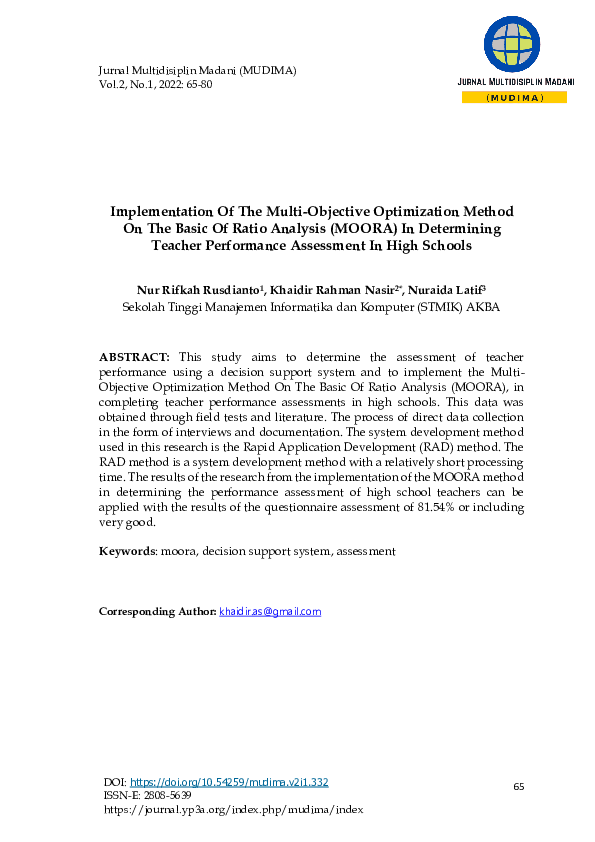 (PDF) Implementasi Metode Multi-Objective Optimization On The Basic Of Ratio Analysis (MOORA ...