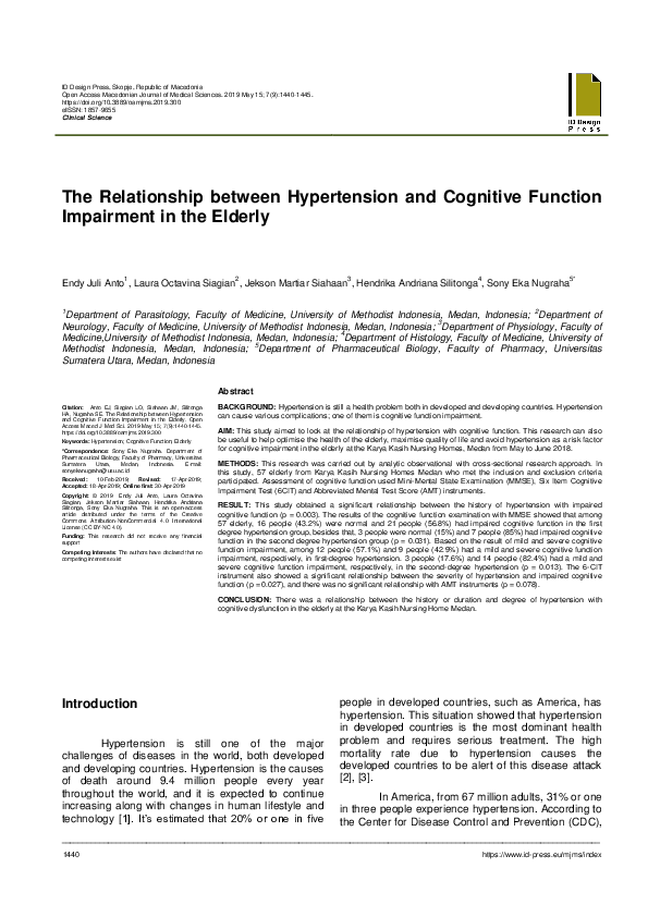 (PDF) The Relationship between Hypertension and Cognitive Function Impairment in the Elderly ...